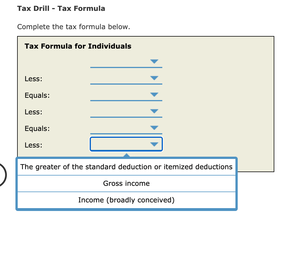 Solved Tax Drill - Tax Formula Complete the tax formula | Chegg.com
