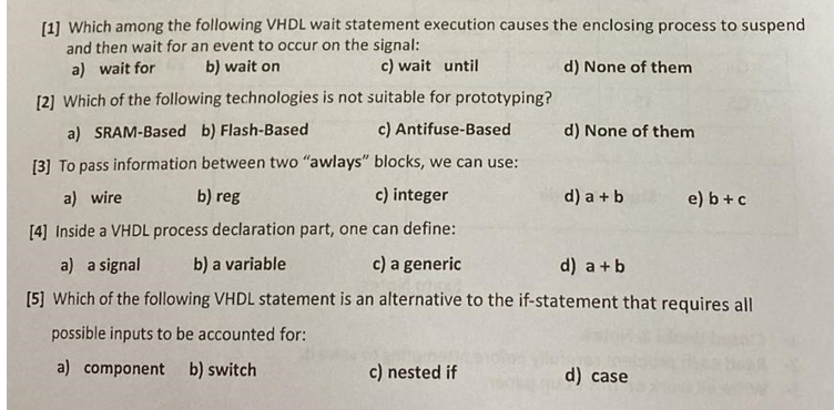 Solved [1] Which among the following VHDL wait statement | Chegg.com