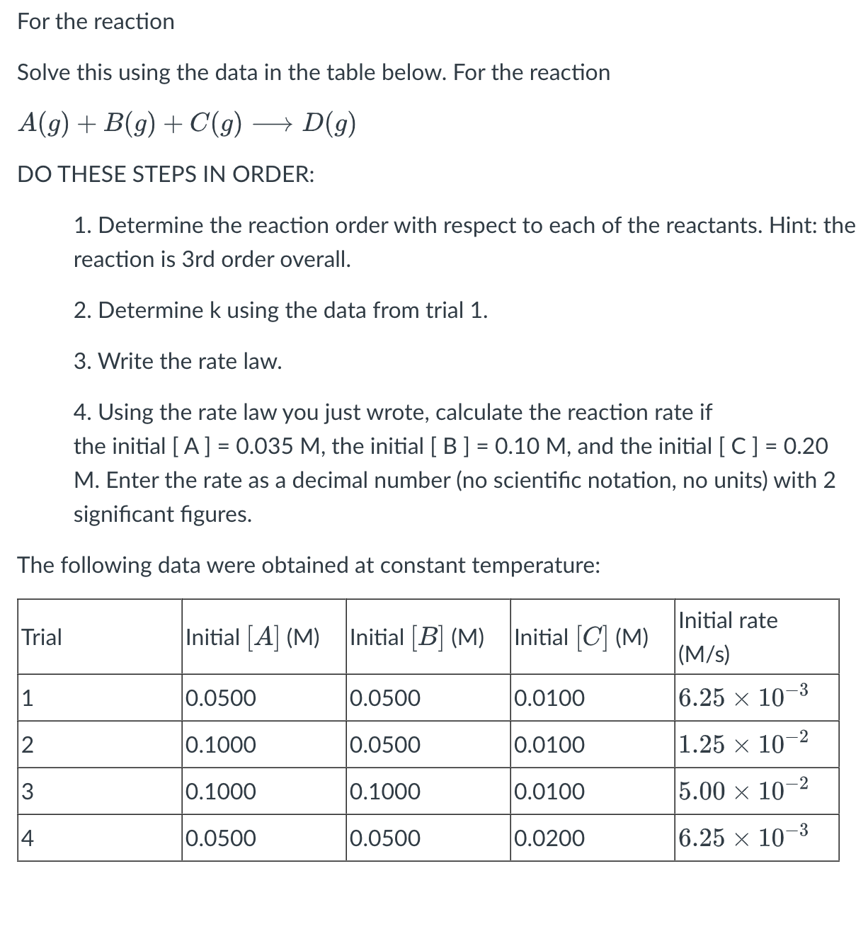 Solved For the reaction Solve this using the data in the | Chegg.com