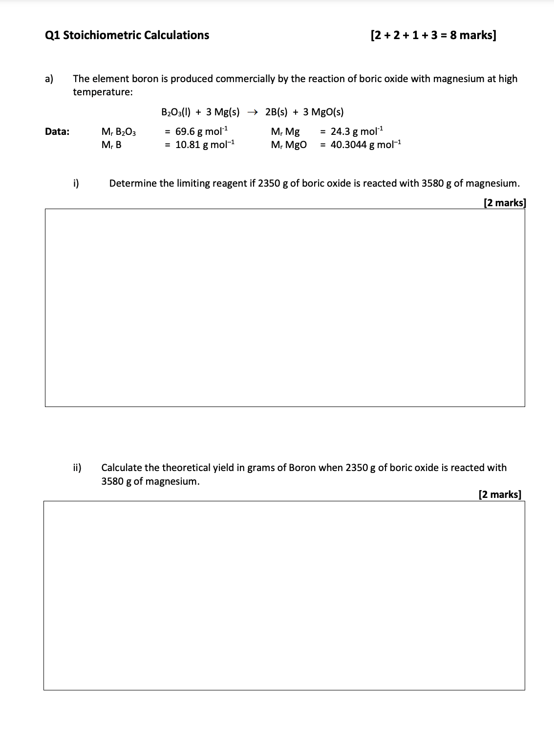 Solved Q1 Stoichiometric Calculations [2+2+1+3=8 marks ] a) | Chegg.com