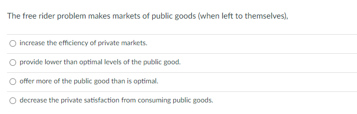 Solved The free rider problem makes markets of public goods | Chegg.com