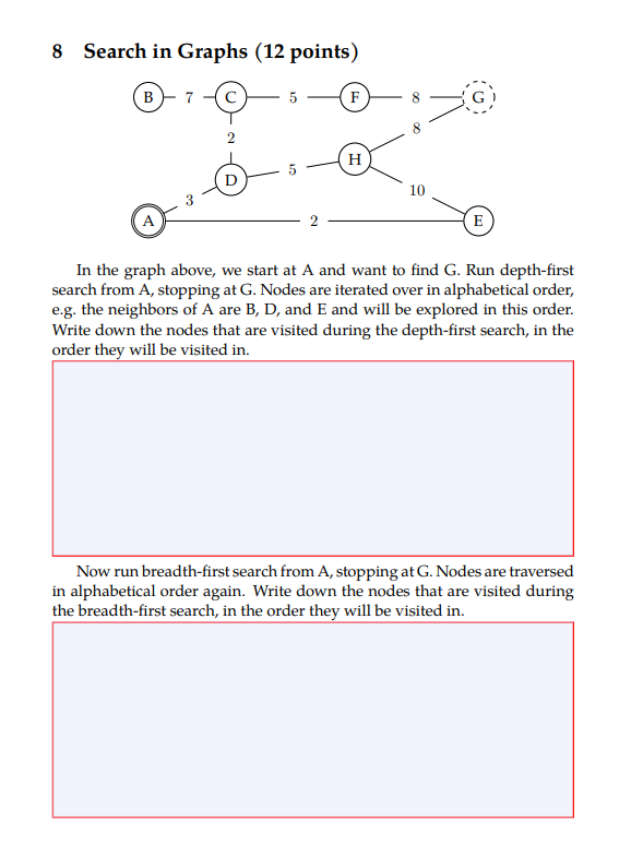 Solved 8 Search in Graphs (12 points) B 7 F 5 H 10 3 A E In | Chegg.com