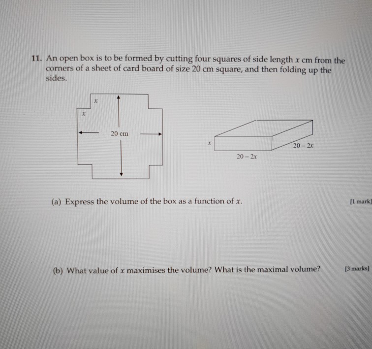 Solved 11. An open box is to be formed by cutting four | Chegg.com