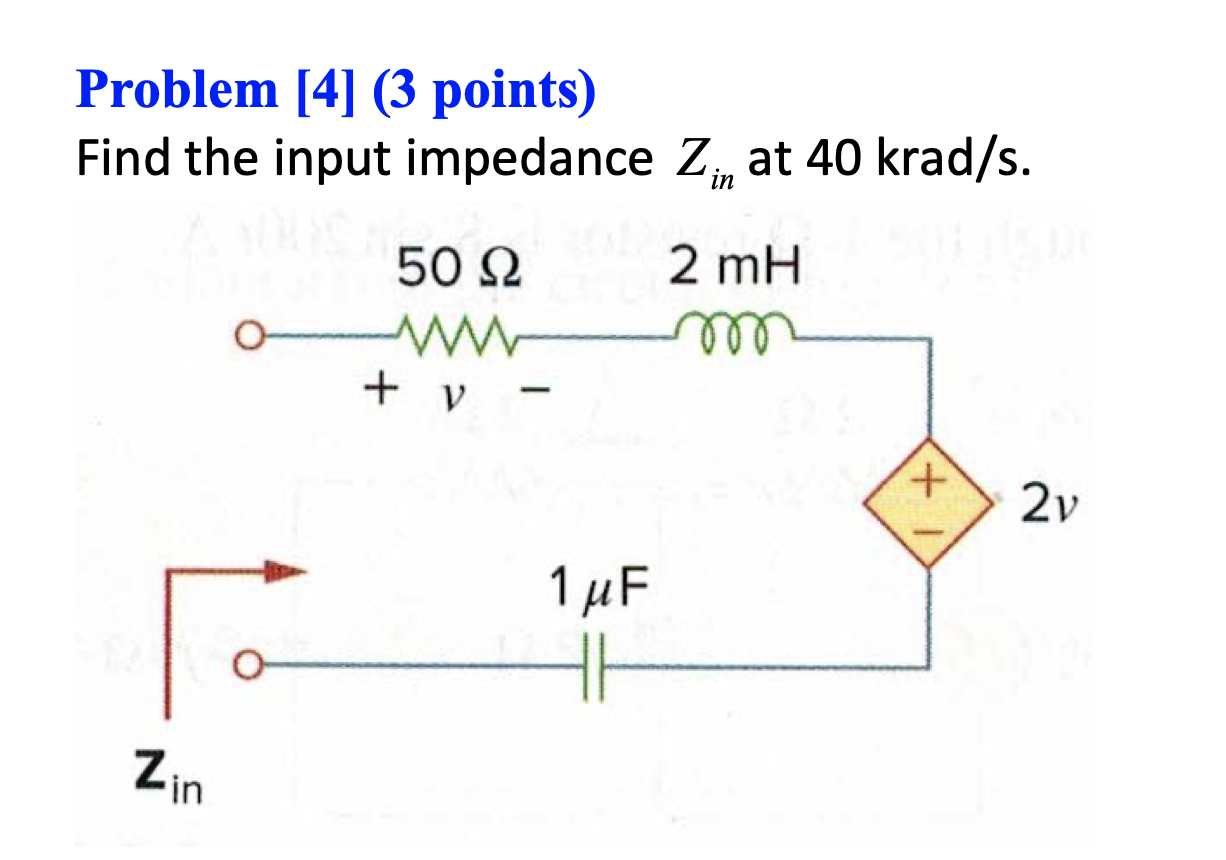 Solved Problem [4] (3 points) Find the input impedance Zin | Chegg.com