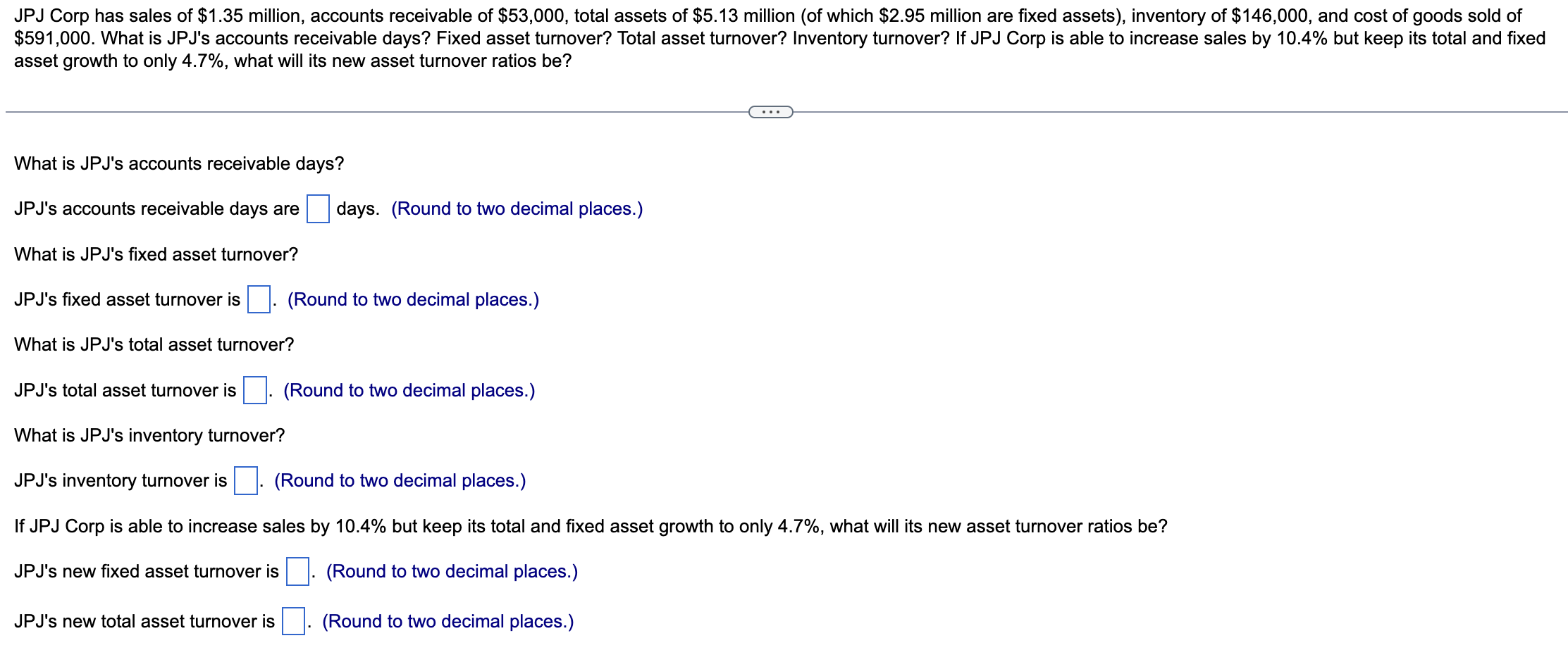 Solved JPJ Corp has sales of $1.35 million, accounts | Chegg.com