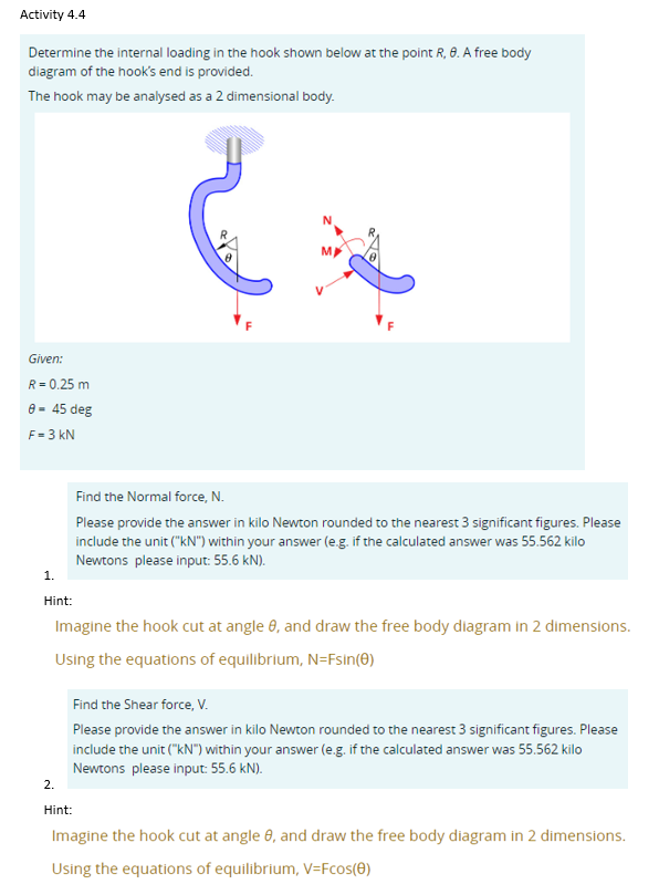 Solved Determine the internal loading in the hook shown | Chegg.com