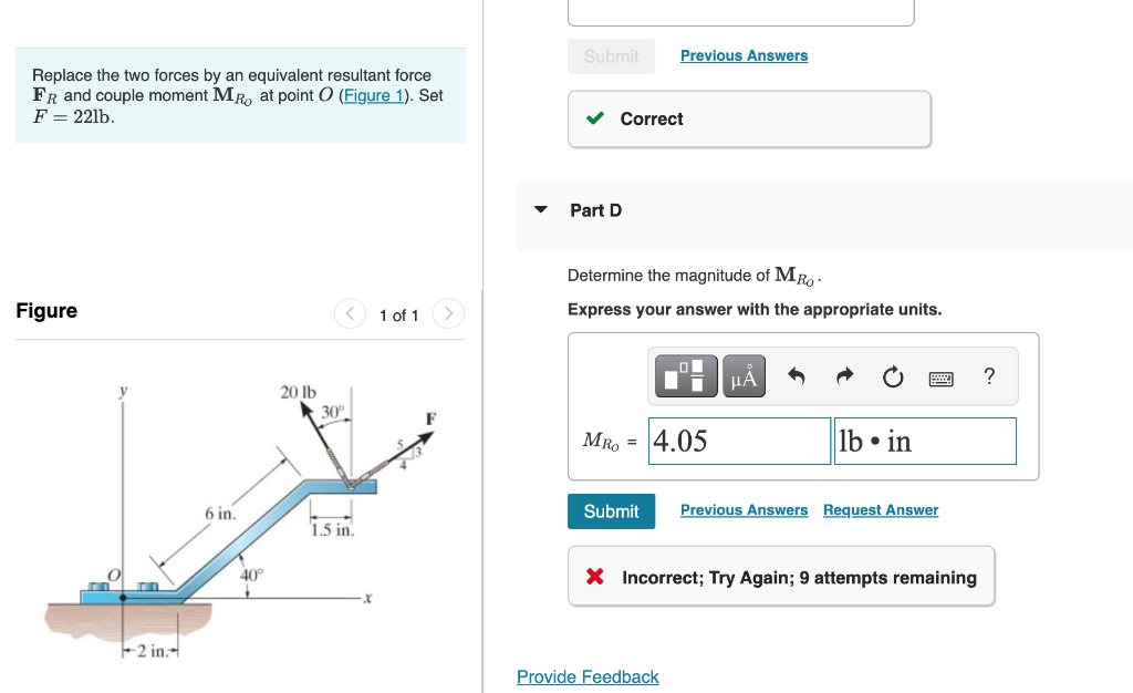 Solved Submit Previous Answers Replace the two forces by an | Chegg.com