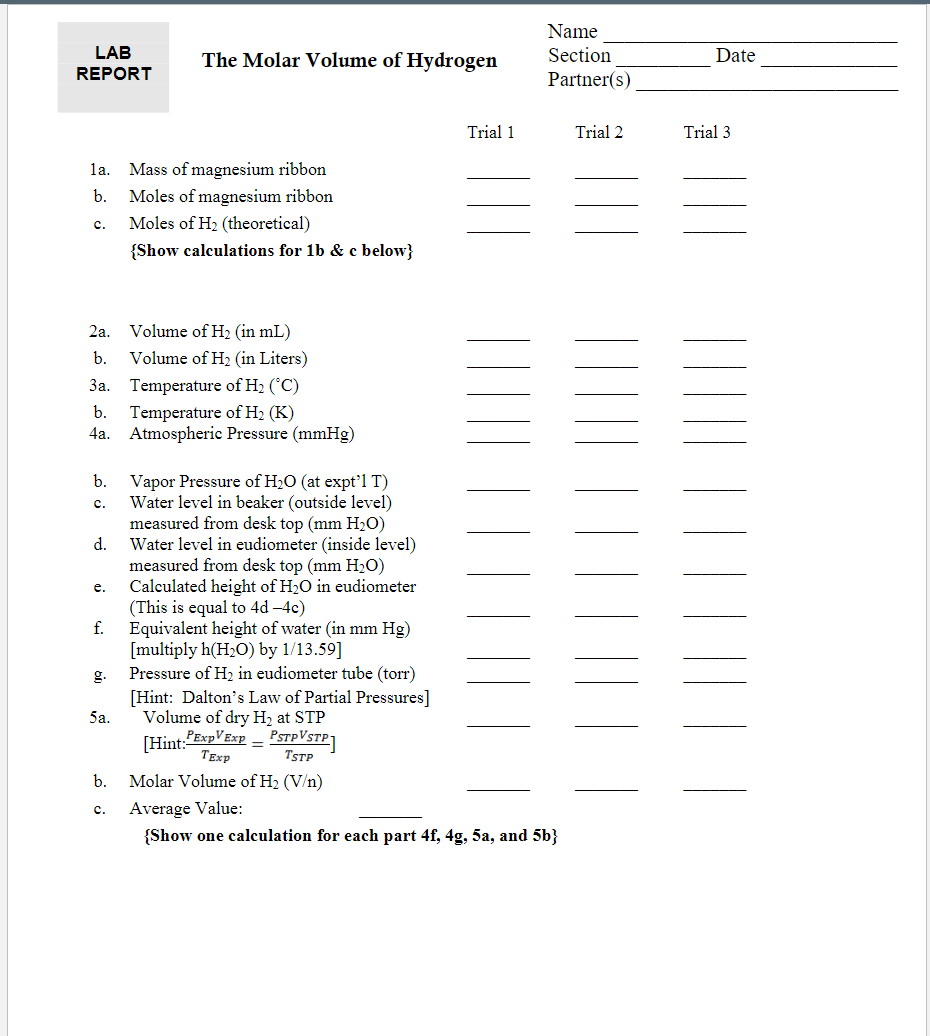 Solved THE MOLAR VOLUME OF HYDROGEN The Reaction of | Chegg.com