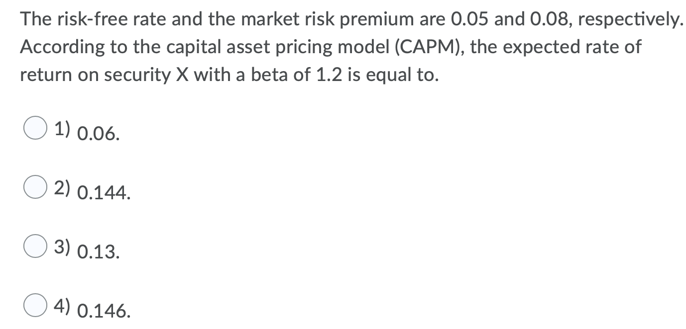 Solved The risk-free rate and the market risk premium are | Chegg.com