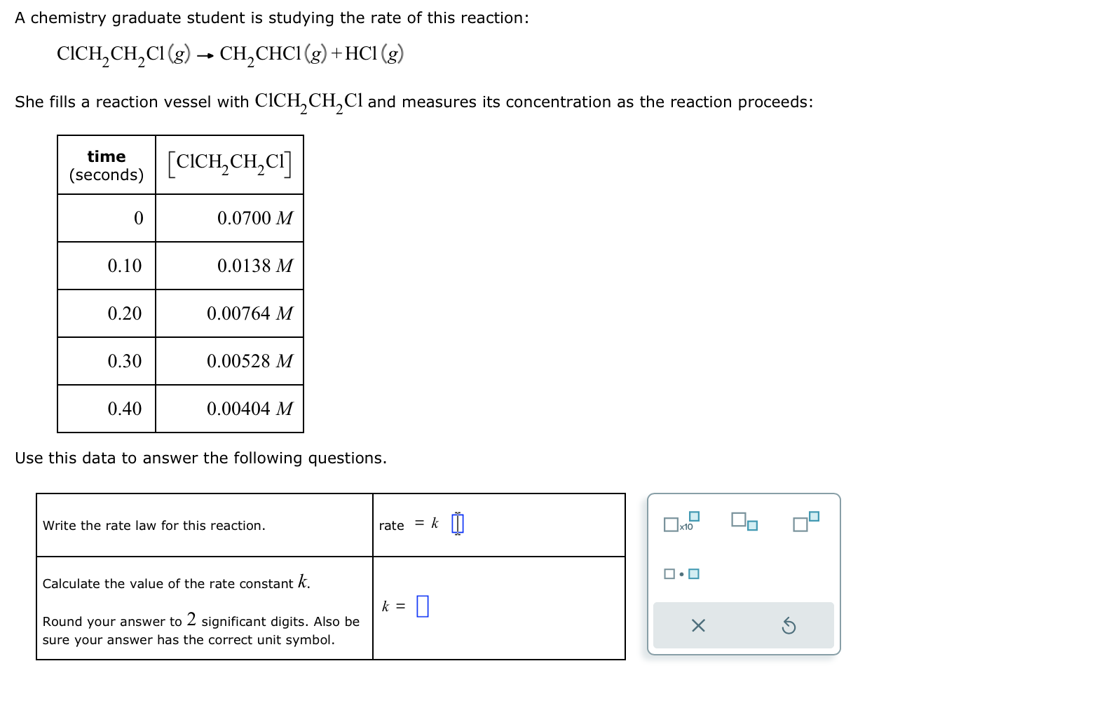 Solved ClCH2CH2Cl(g)→CH2CHCl(g)+HCl(g) She fills a reaction | Chegg.com