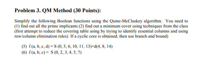 Solved Problem 3. QM Method (30 Points): Simplify the | Chegg.com