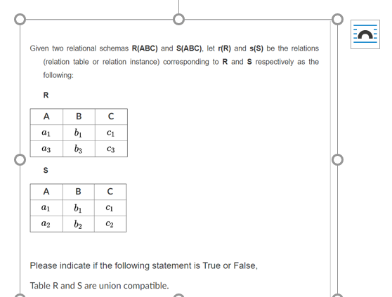 Solved Given two relational schemas R(ABC) and S(ABC), let | Chegg.com