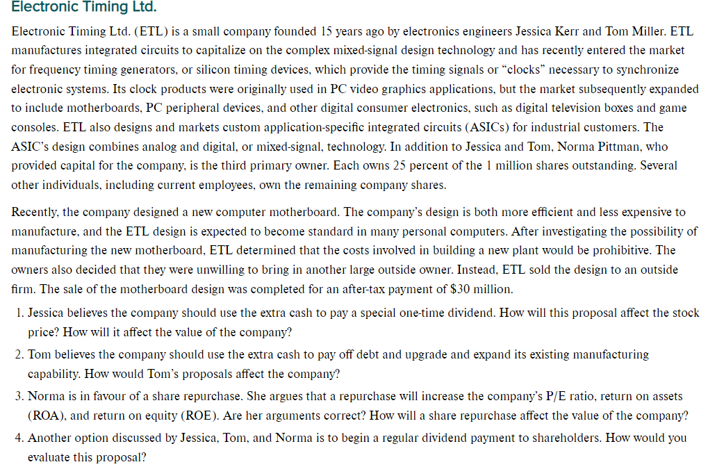 Solved Electronic Timing Ltd. (ETL) is a small company | Chegg.com