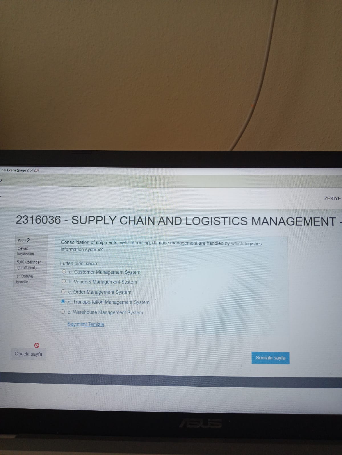 Solved 2316036 - SUPPLY CHAIN AND LOGISTICS MANAGEMENT - | Chegg.com