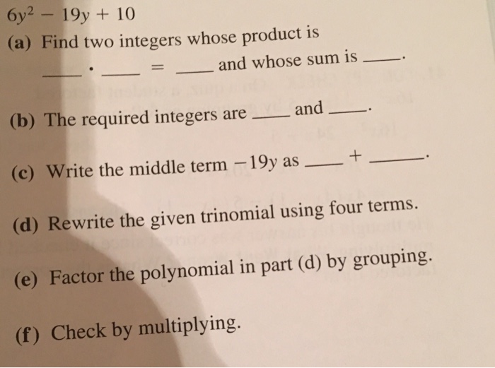 Solved 6y2 19y 10 (a) Find two integers whose product is __ | Chegg.com