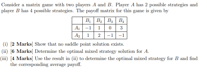 Solved Consider a matrix game with two players A and B. | Chegg.com