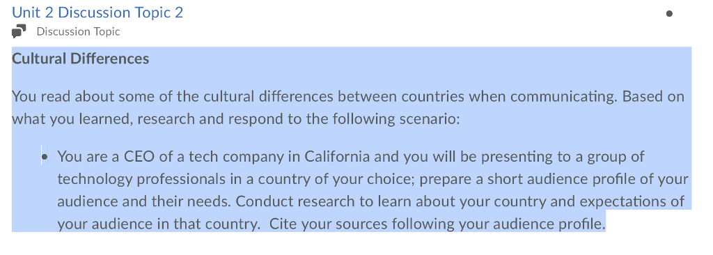 Solved Unit 2 Discussion Topic 2 Discussion Topic Cultural | Chegg.com Solved Unit 2 Discussion Topic 2 Discussion Topic Cultural | Chegg.com