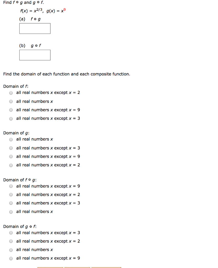 Solved Find fo g and g o f. (a) fo g (b) gof Find the domain | Chegg.com