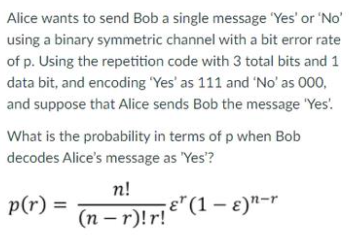 Solved Alice wants to send Bob a single message 'Yes' or | Chegg.com