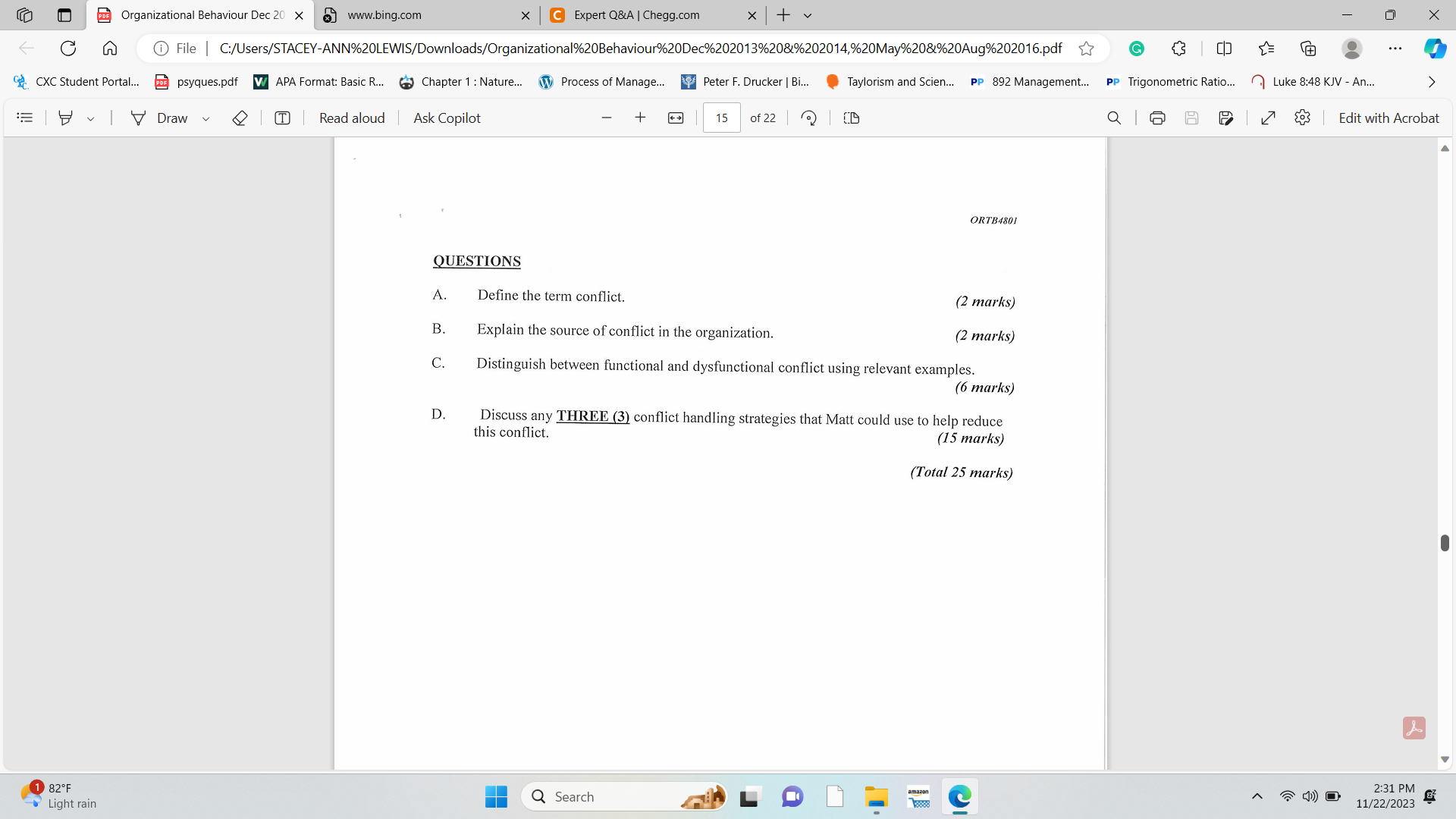 Solved QUESTIONS A. Define the term conflict. (2 marks) B. | Chegg.com