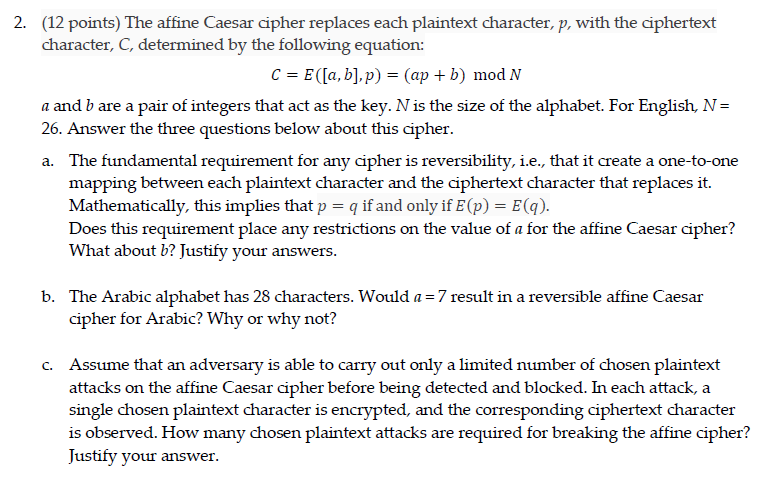2. (12 points) The affine Caesar cipher replaces each | Chegg.com
