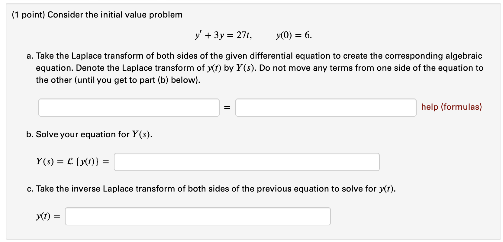 Solved (1 point) Consider the initial value problem y' + 3y | Chegg.com