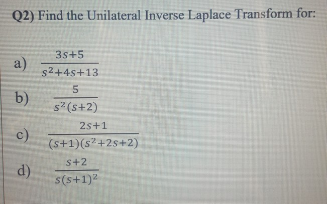 Solved Q2) Find the Unilateral Inverse Laplace Transform | Chegg.com