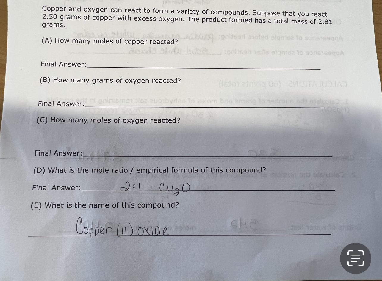 Solved Copper and oxygen can react to form a variety of | Chegg.com
