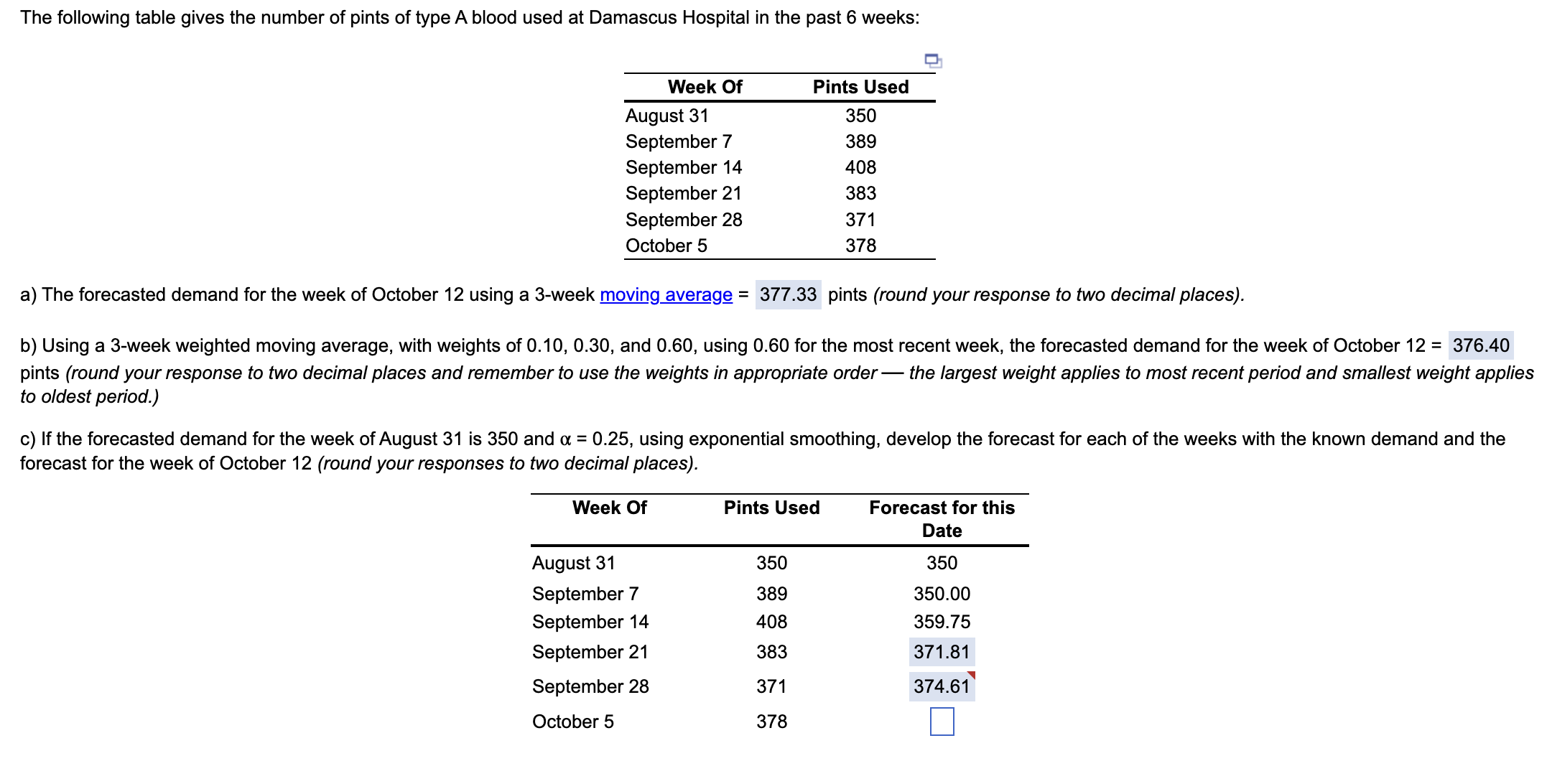 Solved b) ﻿Using a 3-week weighted moving average, with | Chegg.com