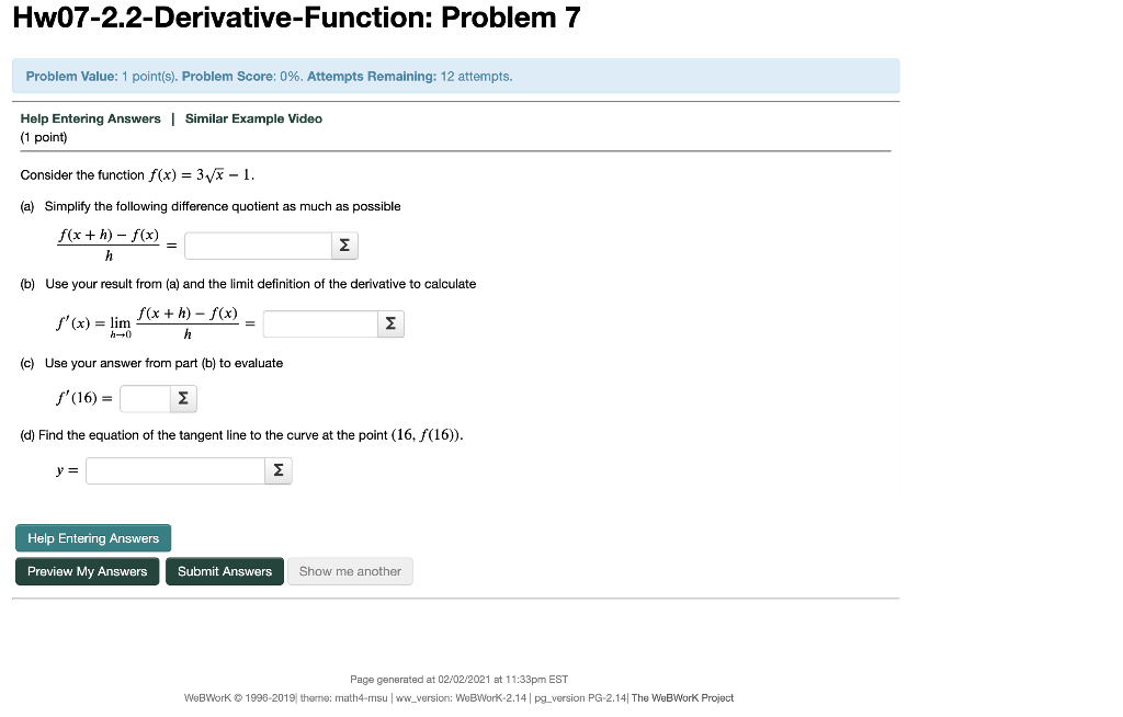 Solved Hw07 2 2 Derivative Function Problem 7 Problem