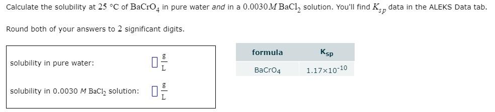 Solved Calculate the solubility at 25 °C of BaCrO4 in pure | Chegg.com