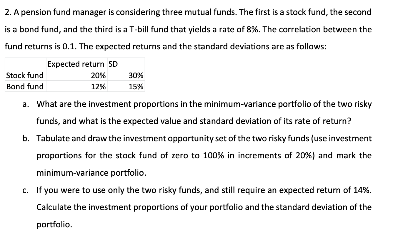 Solved 2. A pension fund manager is considering three mutual | Chegg.com