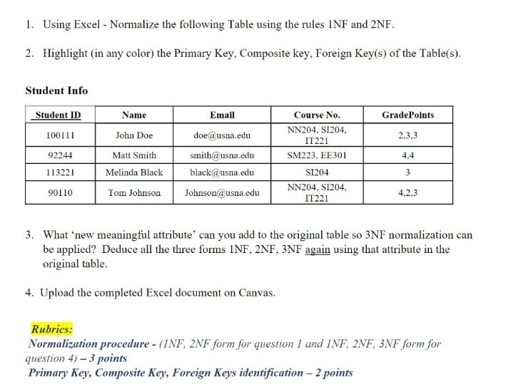 Solved 1. Using Excel - Normalize the following Table using | Chegg.com