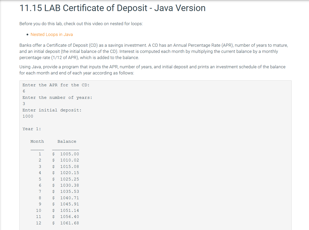 Solved 11.15 LAB Certificate of Deposit - Java Version | Chegg.com