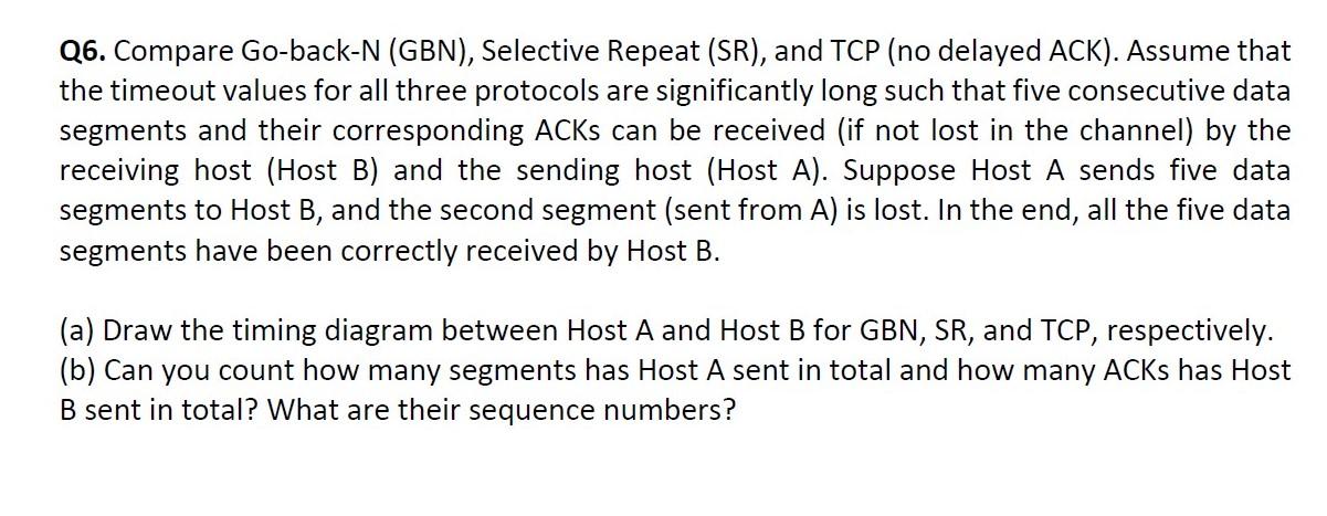 Solved Q6. Compare Go-back-N (GBN), Selective Repeat (SR), | Chegg.com