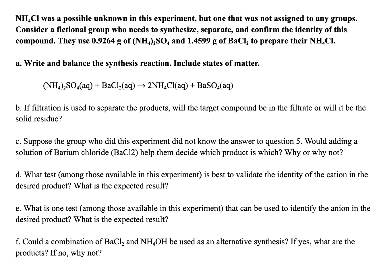 Solved NH4Cl was a possible unknown in this experiment, but | Chegg.com