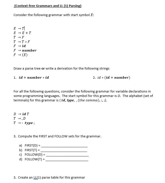 Solved (Context-free Grammars and LL (1) Parsing) Consider | Chegg.com