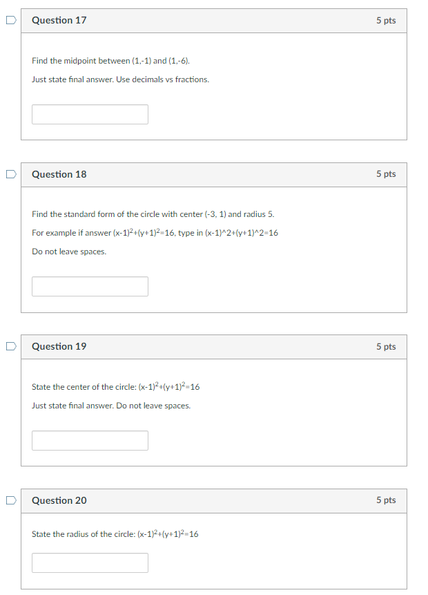 Solved Question 17 5 pts Find the midpoint between (1,−1) | Chegg.com