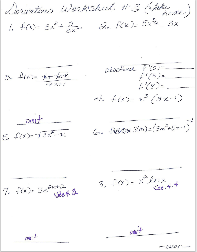 Solved Derivatives Workisheet | Chegg.com