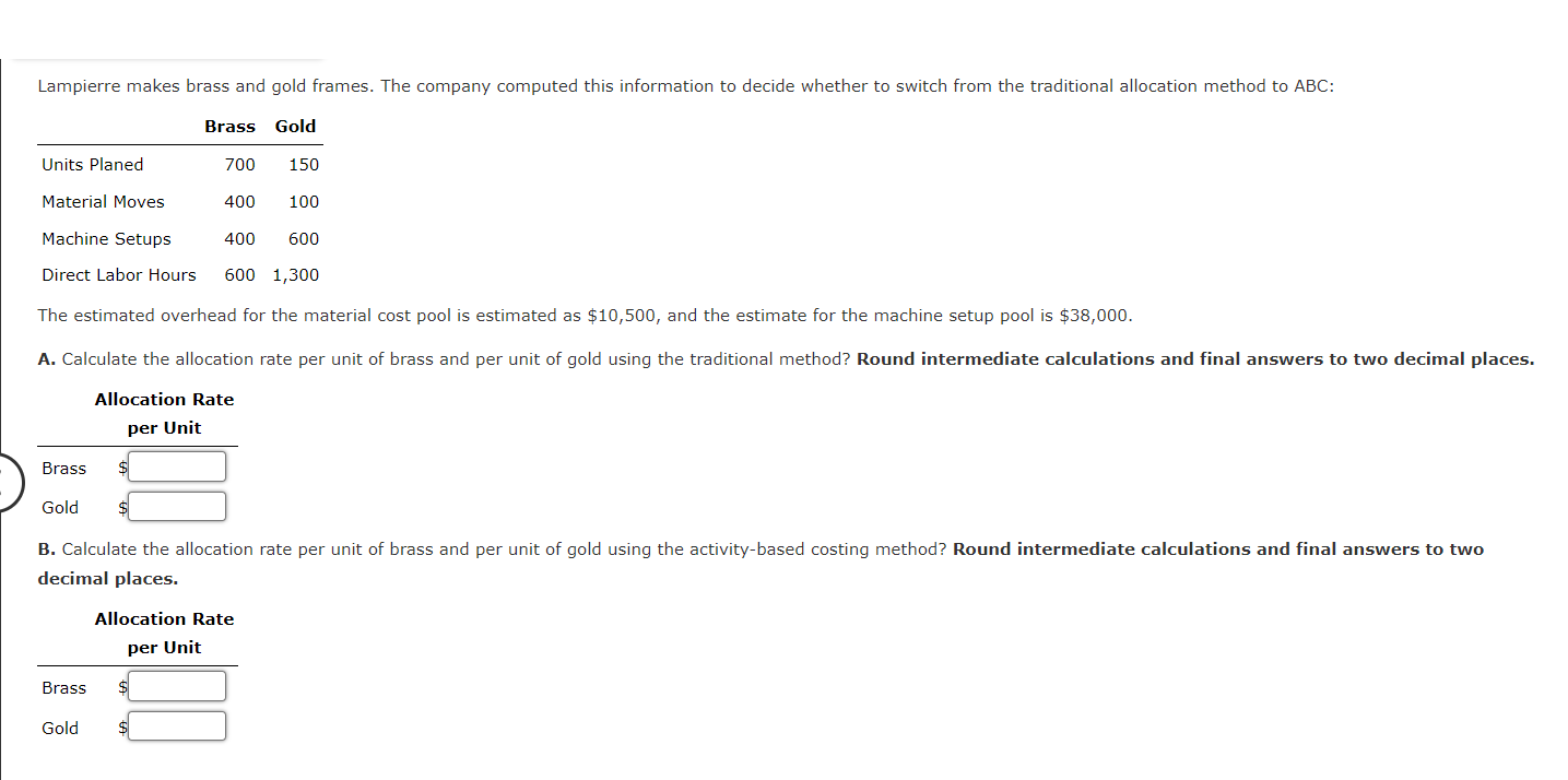 Solved B. Calculate the allocation rate per unit of brass | Chegg.com
