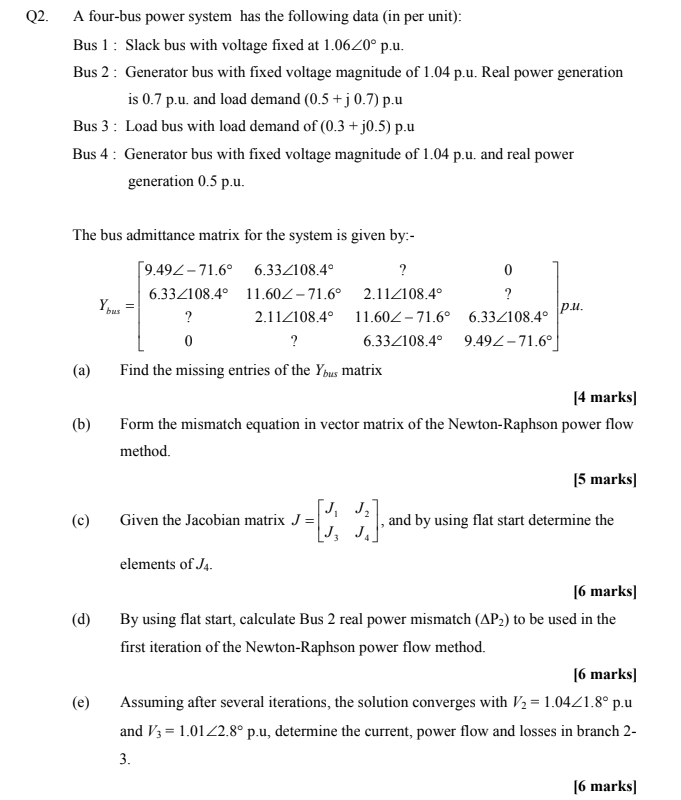 Solved Q2. A four-bus power system has the following data | Chegg.com