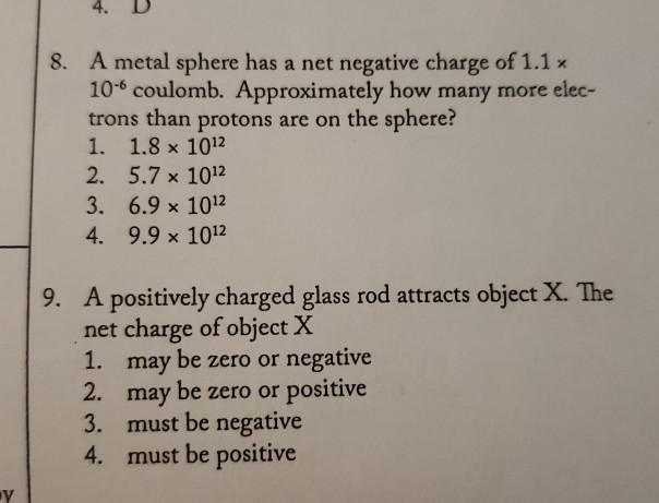Solved 4. D 8. A metal sphere has a net negative charge of | Chegg.com