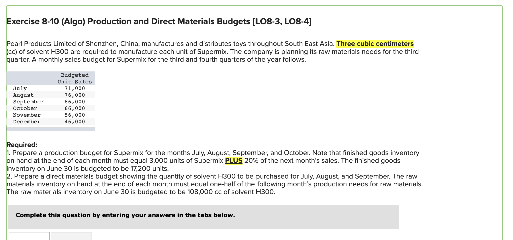Solved Exercise 8-10 (Algo) Production and Direct Materials | Chegg.com