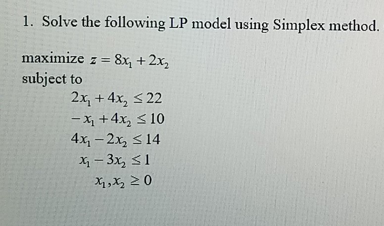 Solved 1. Solve the following LP model using Simplex method. | Chegg.com