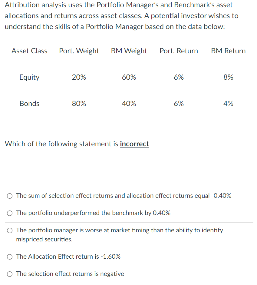 Solved Attribution analysis uses the Portfolio Manager's and | Chegg.com