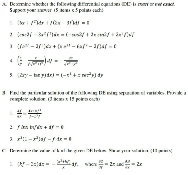 Solved A. Determine whether the following differential | Chegg.com