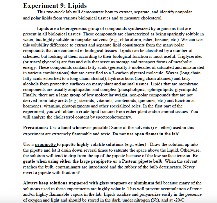 Experiment 9: Lipids This two-week lab will | Chegg.com