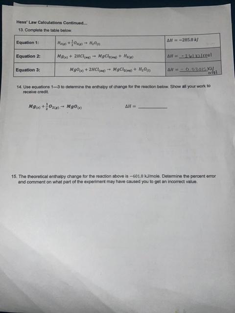 Solved Hess' Law Calculations Continued... 13. Complete the | Chegg.com