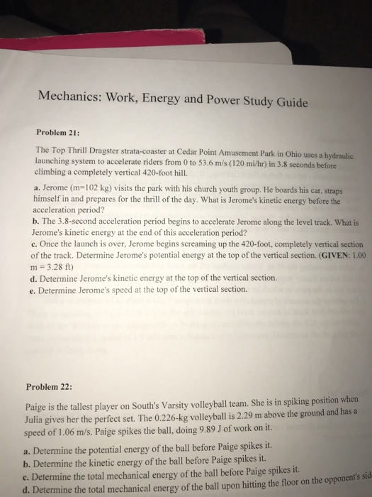 Solved Mechanics: Work, Energy and Power Study Guide Problem | Chegg.com