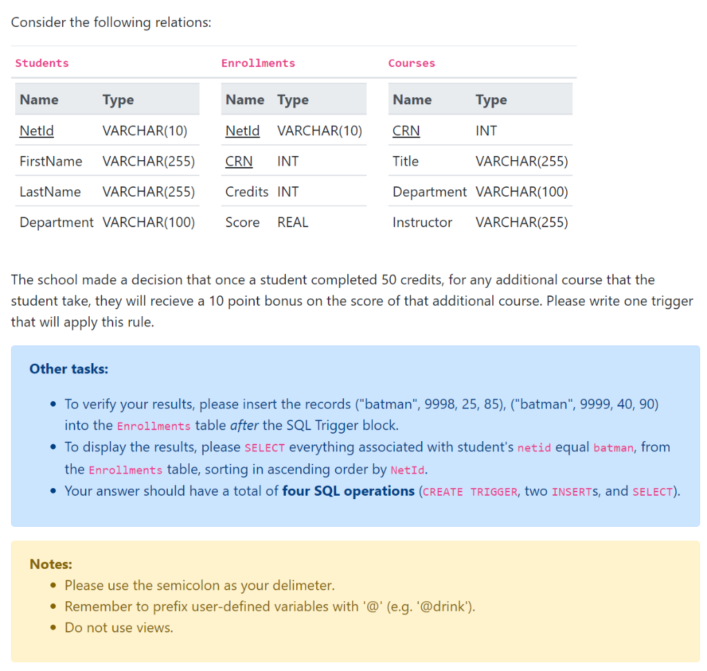 Solved Consider the following relations: The school made a | Chegg.com